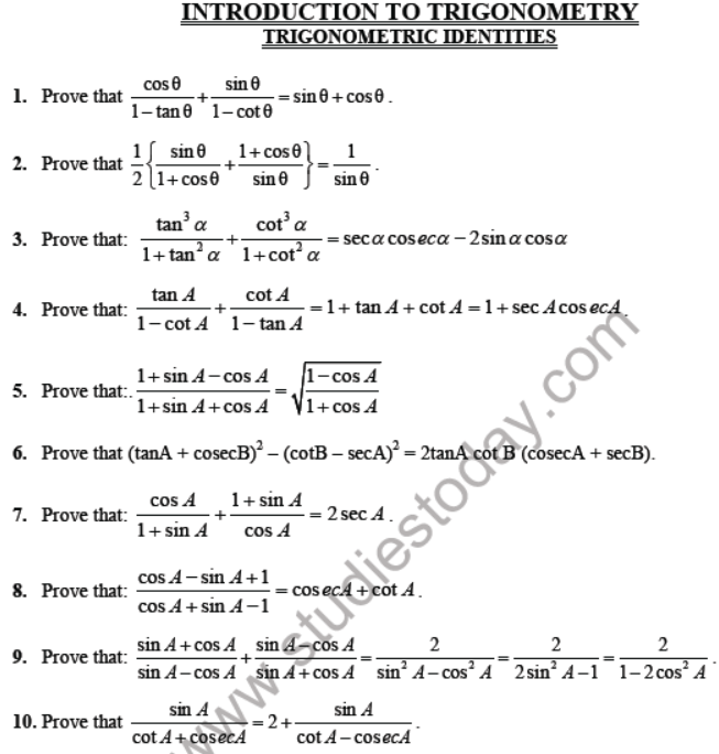 Trigonometry Questions For Class 10 Pdf Download